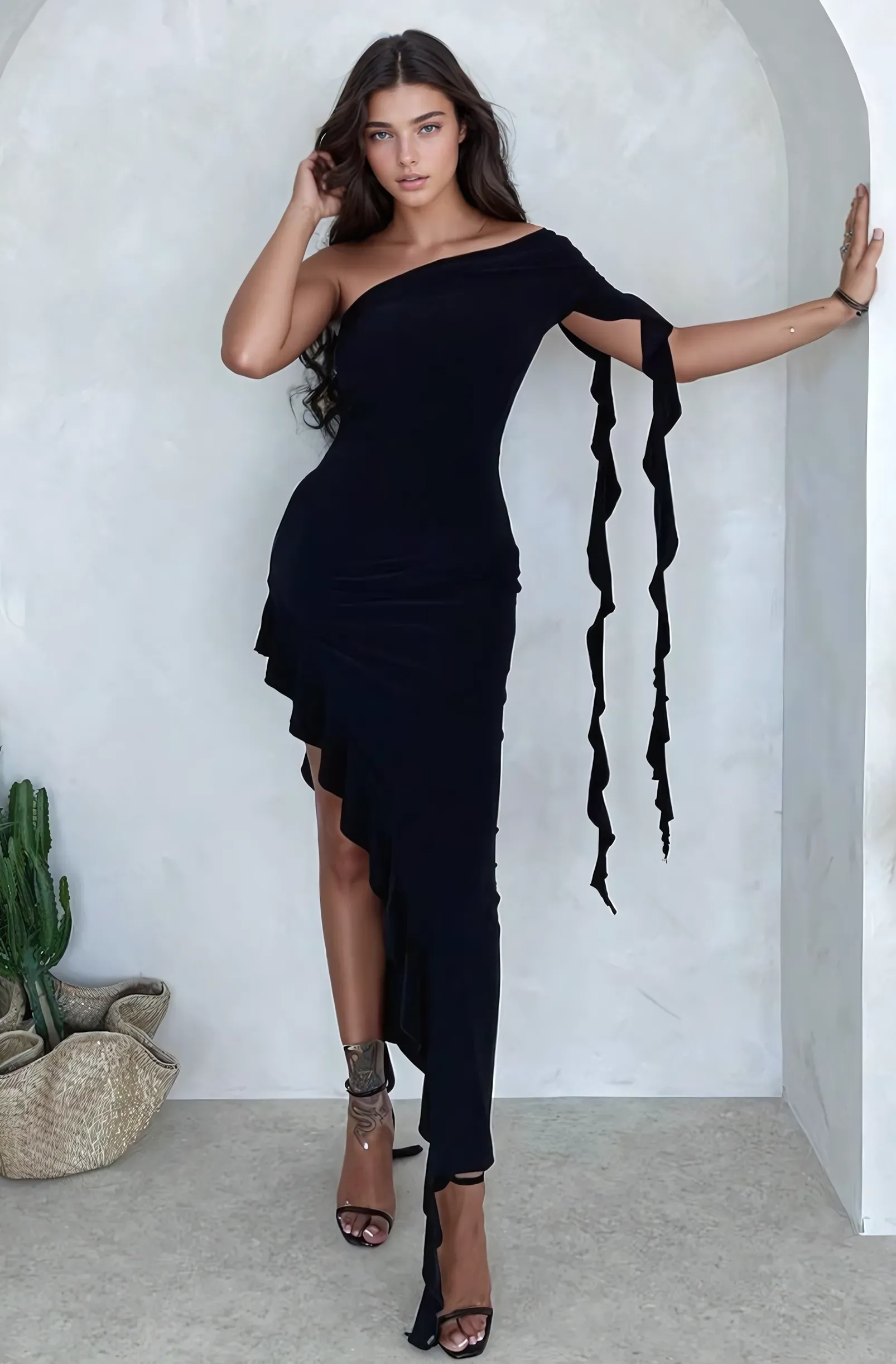 Black Ruffles One Shoulder Dress - NEWME