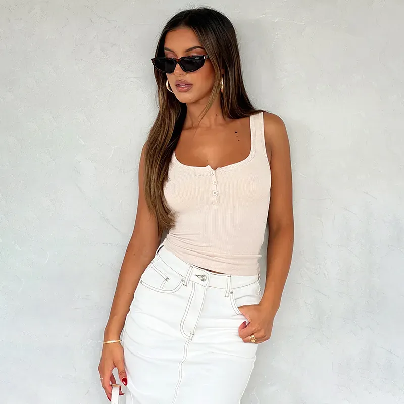 Off White Fitted Solid Tank Top - NEWME