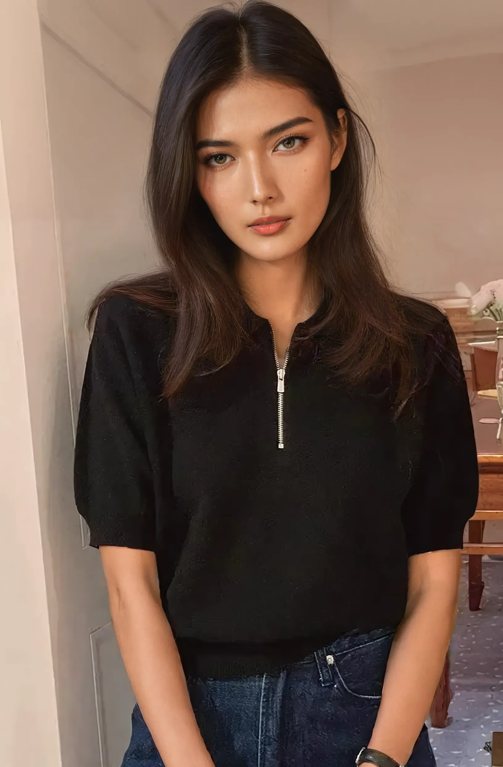 Black Solid Spread Collar Top - NEWME