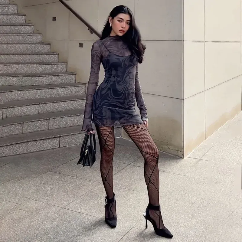 Charcoal Grey Marble Print Micro Mini Dress - NEWME
