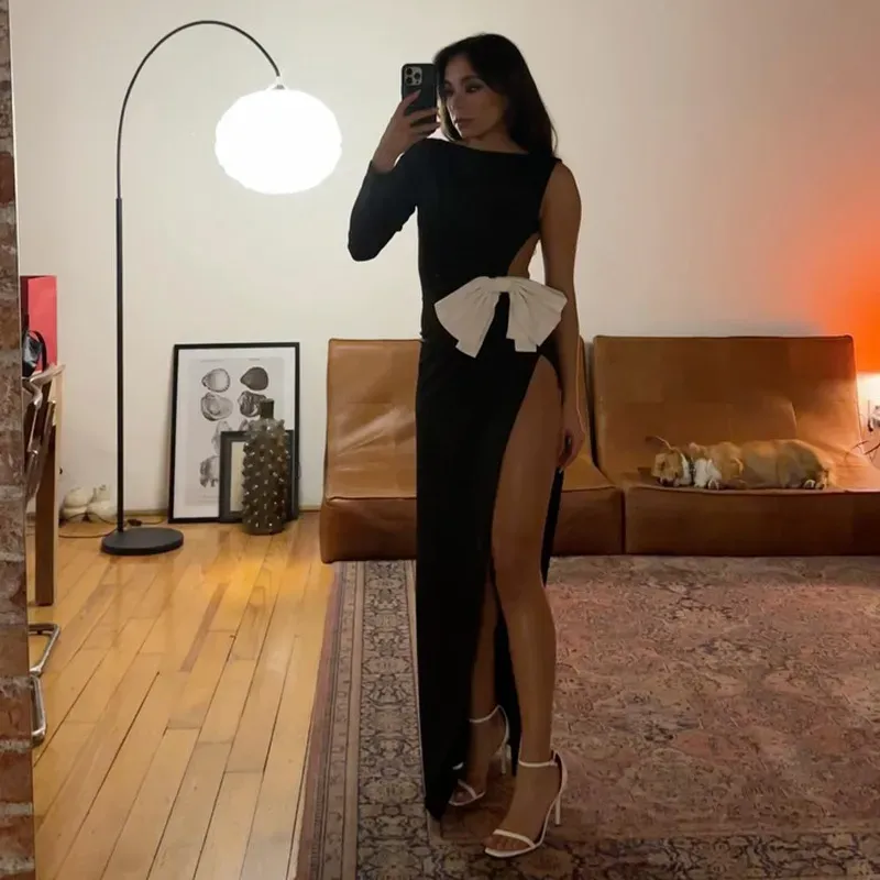 Black Bow Detail High Slit Dress - NEWME