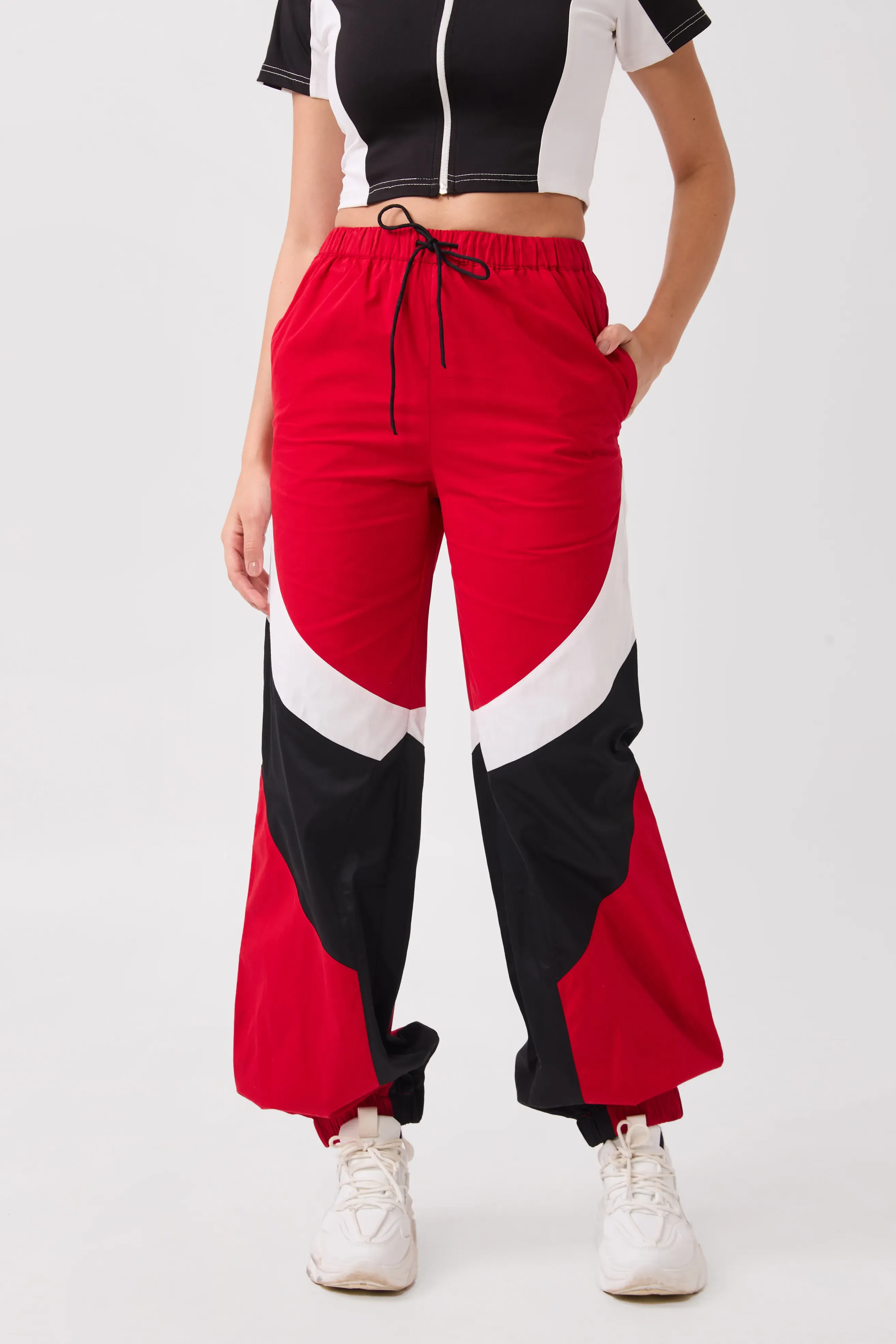 Red Color Block Relaxed Joggers - NEWME