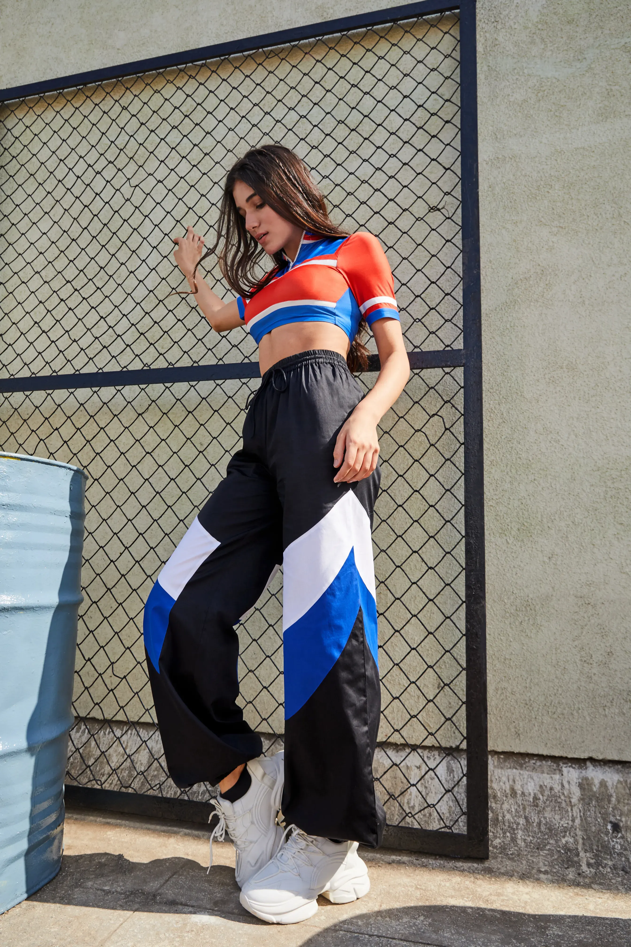Black White And Blue Colour Block Trousers - NEWME