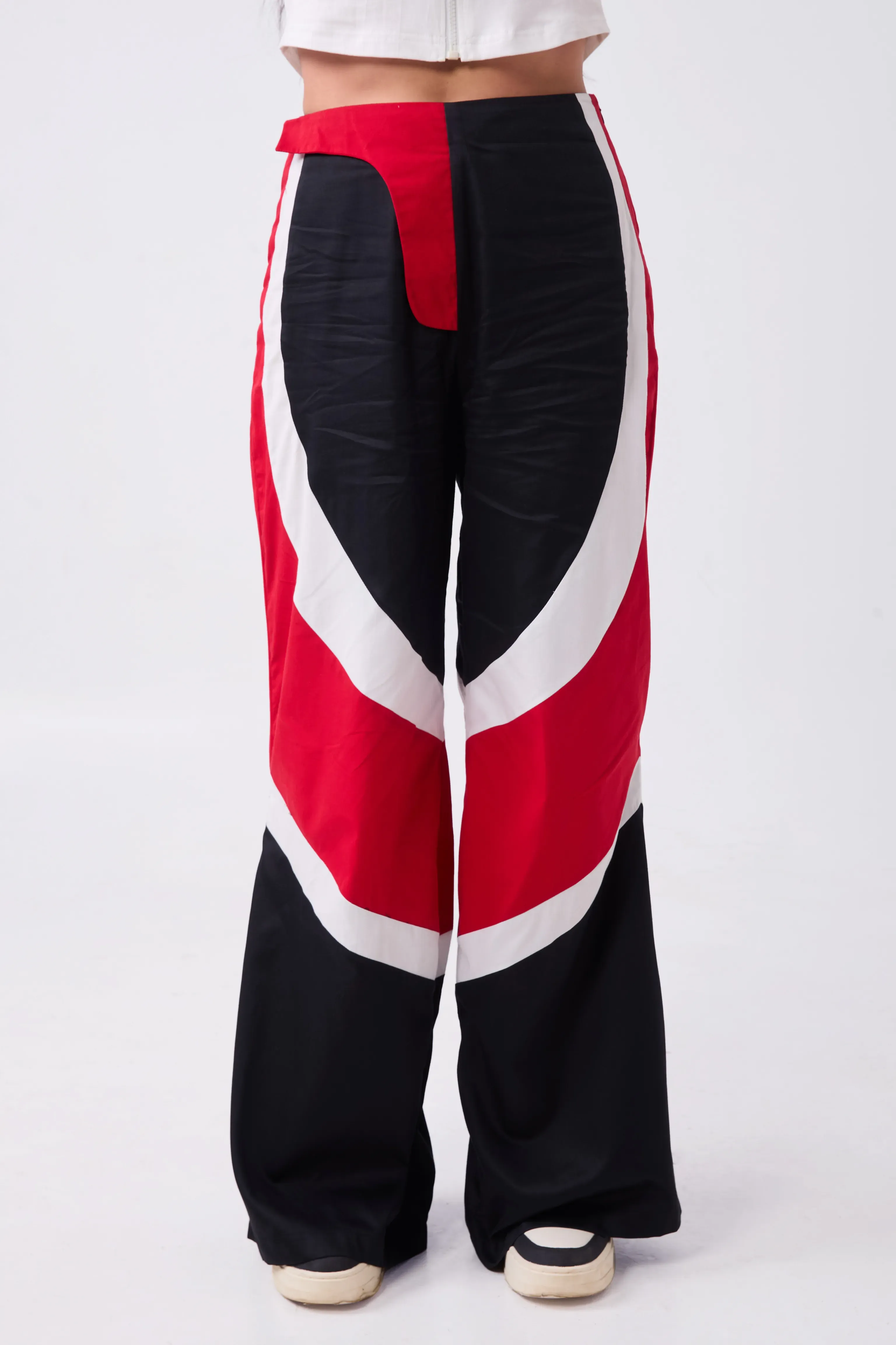 Black Red And White Colour Block Trousers - NEWME