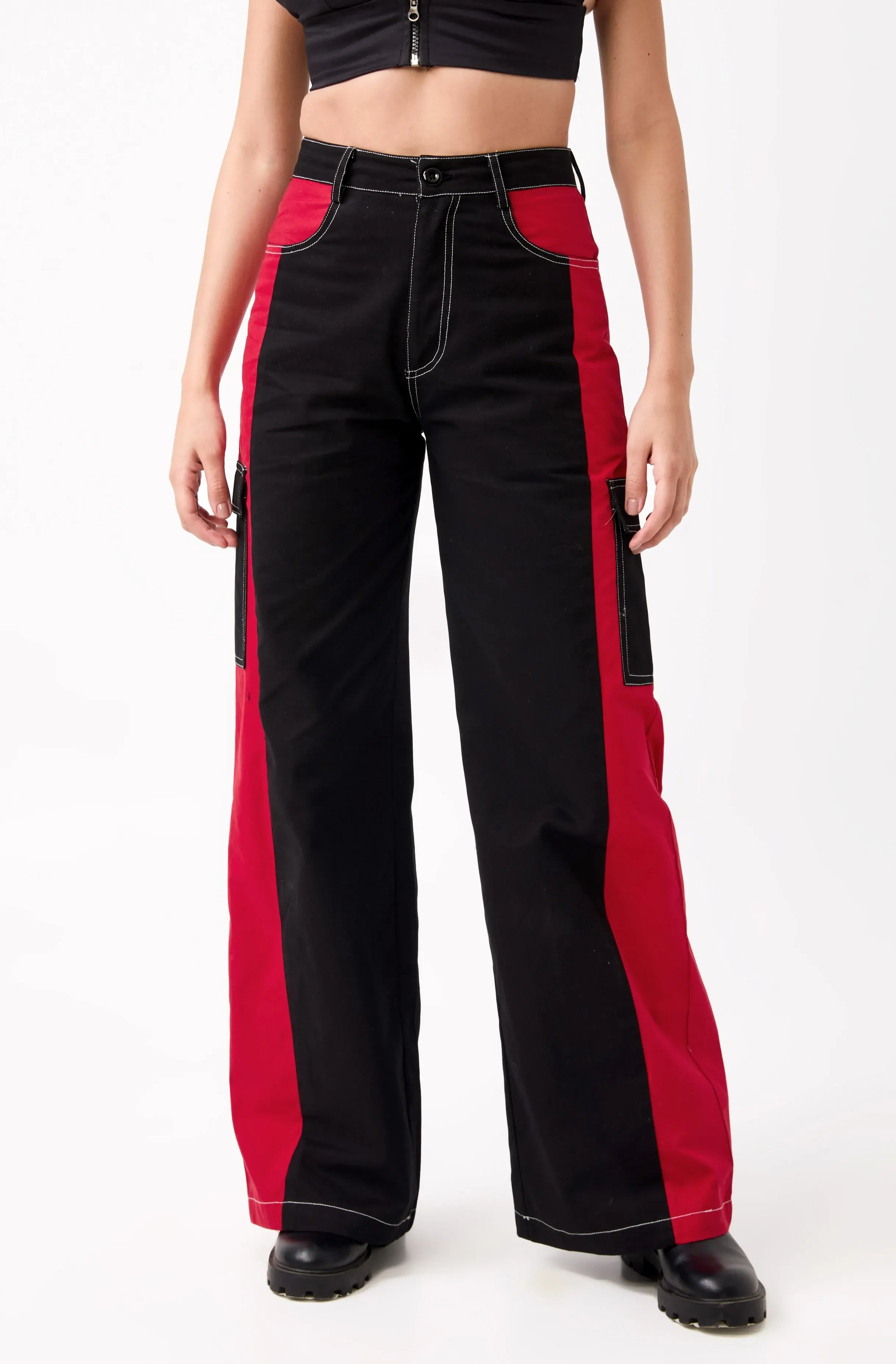 Red and Black Colour Block Trousers - NEWME