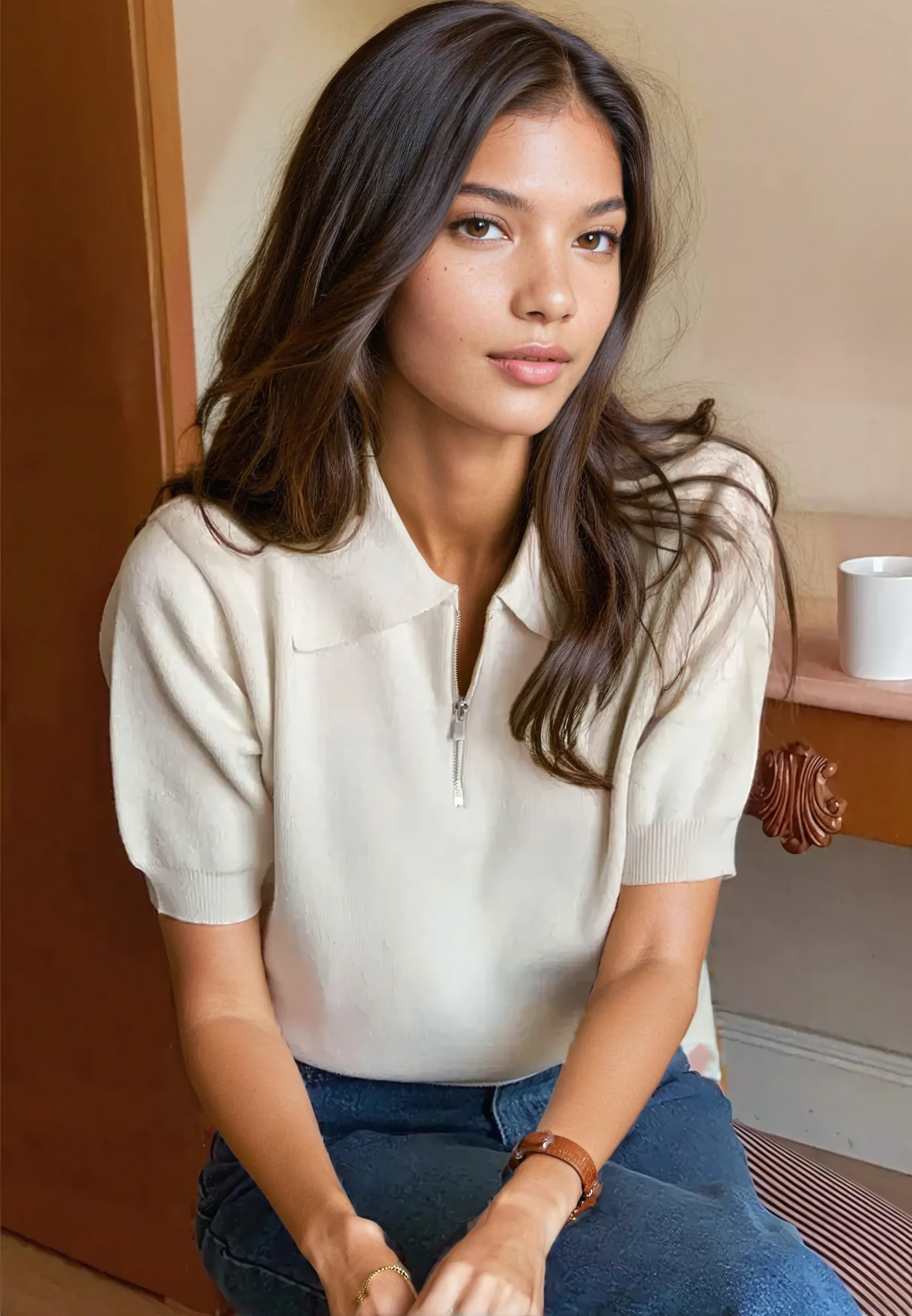 Off White Solid Spread Collar Top - NEWME