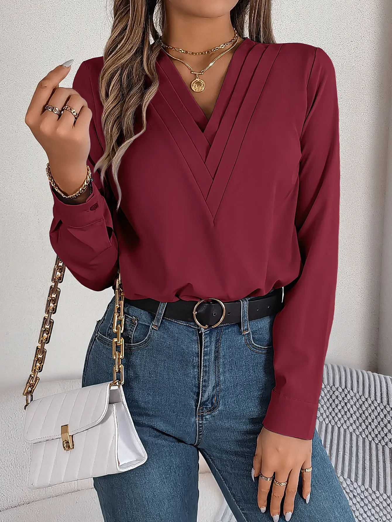Burgundy Neck Solid Body Blouse Top - NEWME