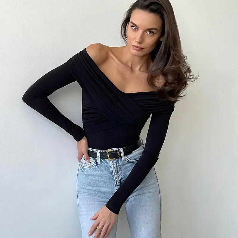 Black Off Shoulder Draped Bodysuit - NEWME