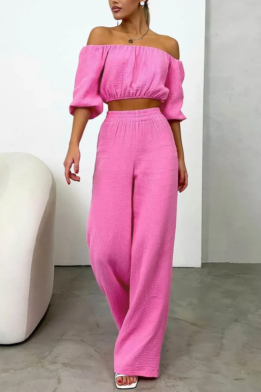 Pink Off Shoulder Textured Co Ord Set - NEWME