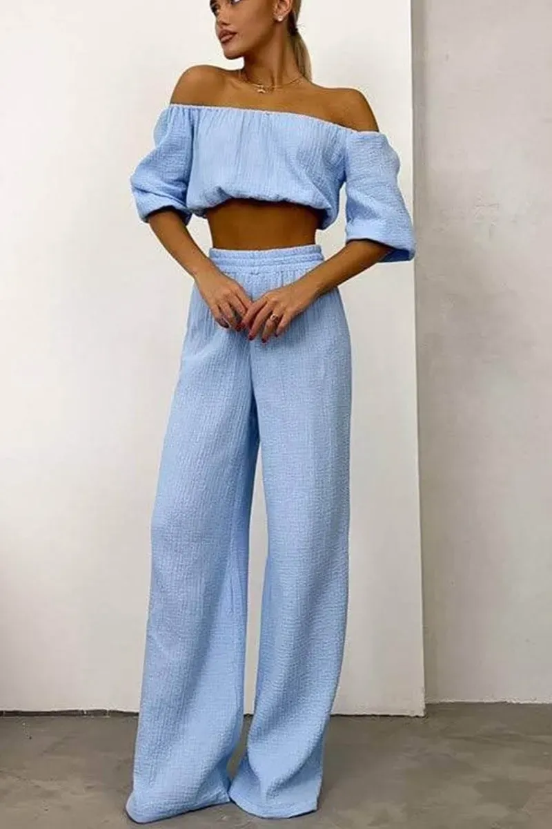 Light Blue Off Shoulder Textured Co Ord Set - NEWME