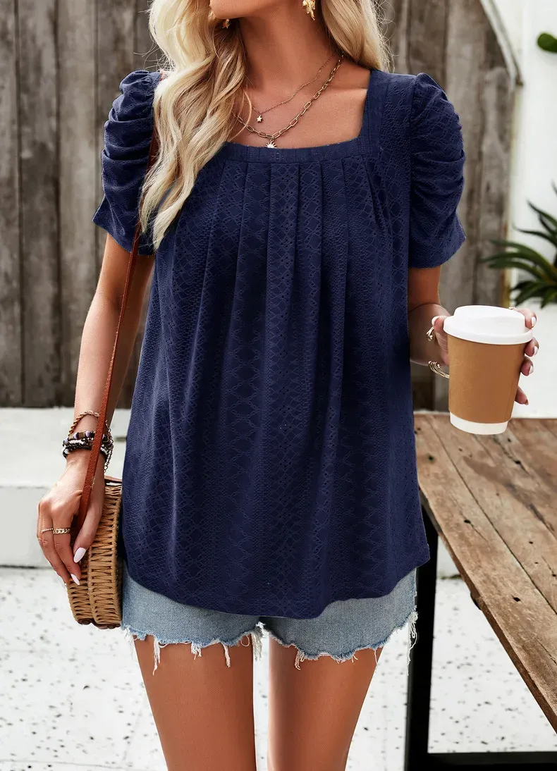 Navy Blue Puff Sleeve Pleated Top - NEWME
