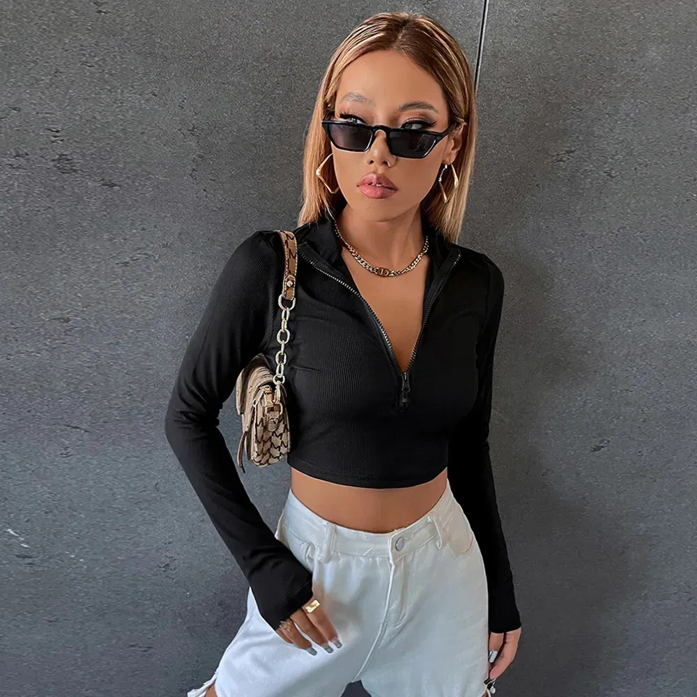 Black Solid Half Zip Crop Top - NEWME