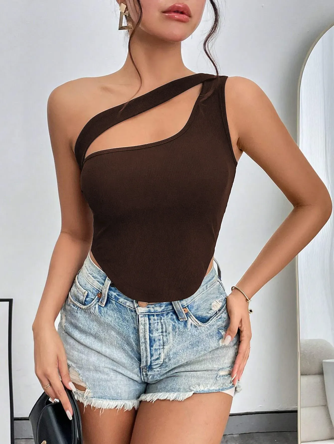 Brown One Shoulder Cut Out Top - NEWME