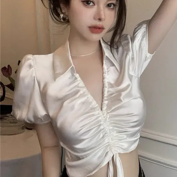 White Spread Collar Ruched Crop Top - NEWME