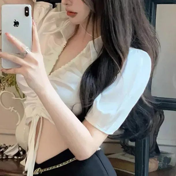 White Spread Collar Ruched Crop Top - NEWME