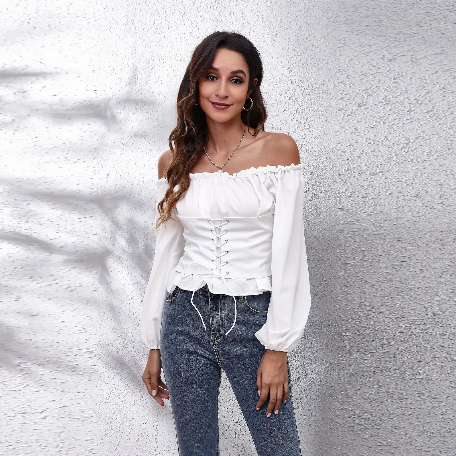 White Lace Up Bardot Top - NEWME