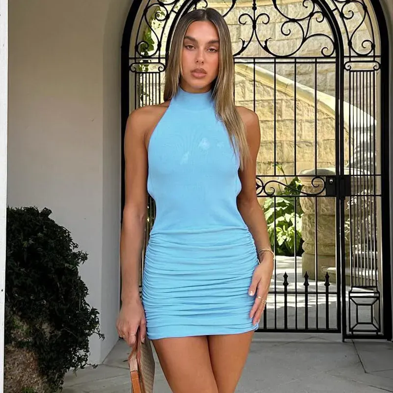 Blue Halter Neck Bodycon Micro Mini Dress - NEWME