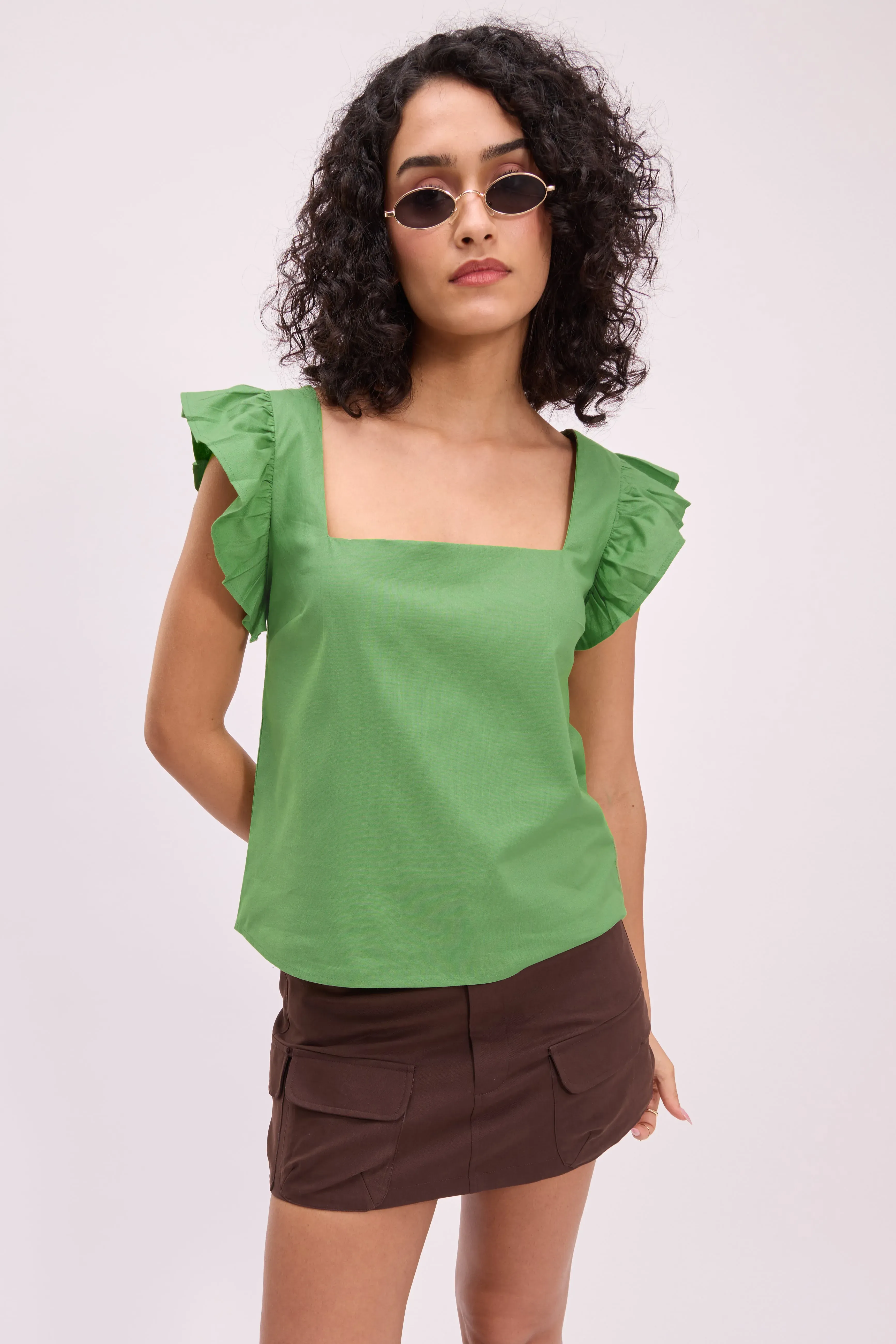 Green Ruffle Trim Top - NEWME