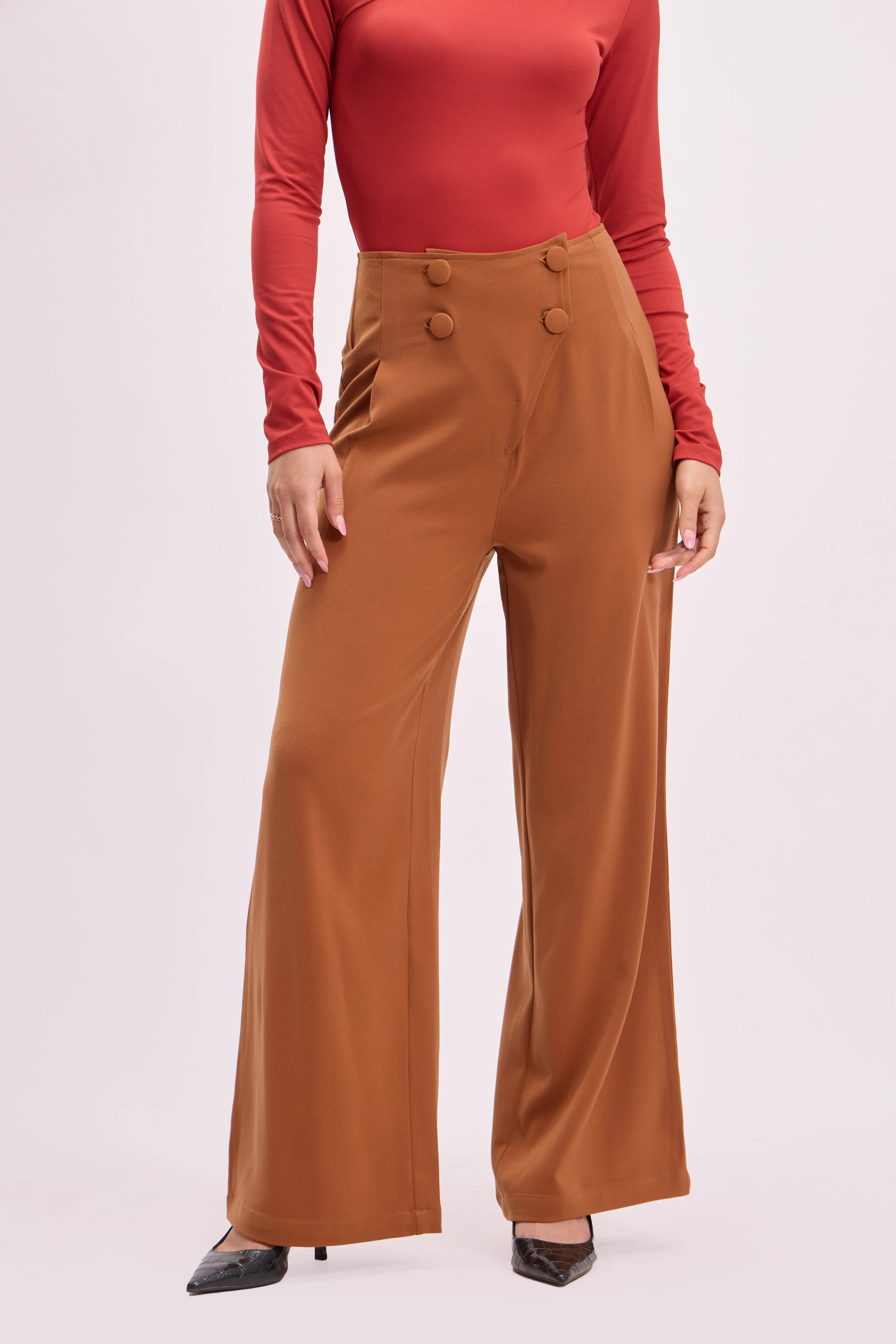 Brown Button Detailed Flare Trousers - NEWME