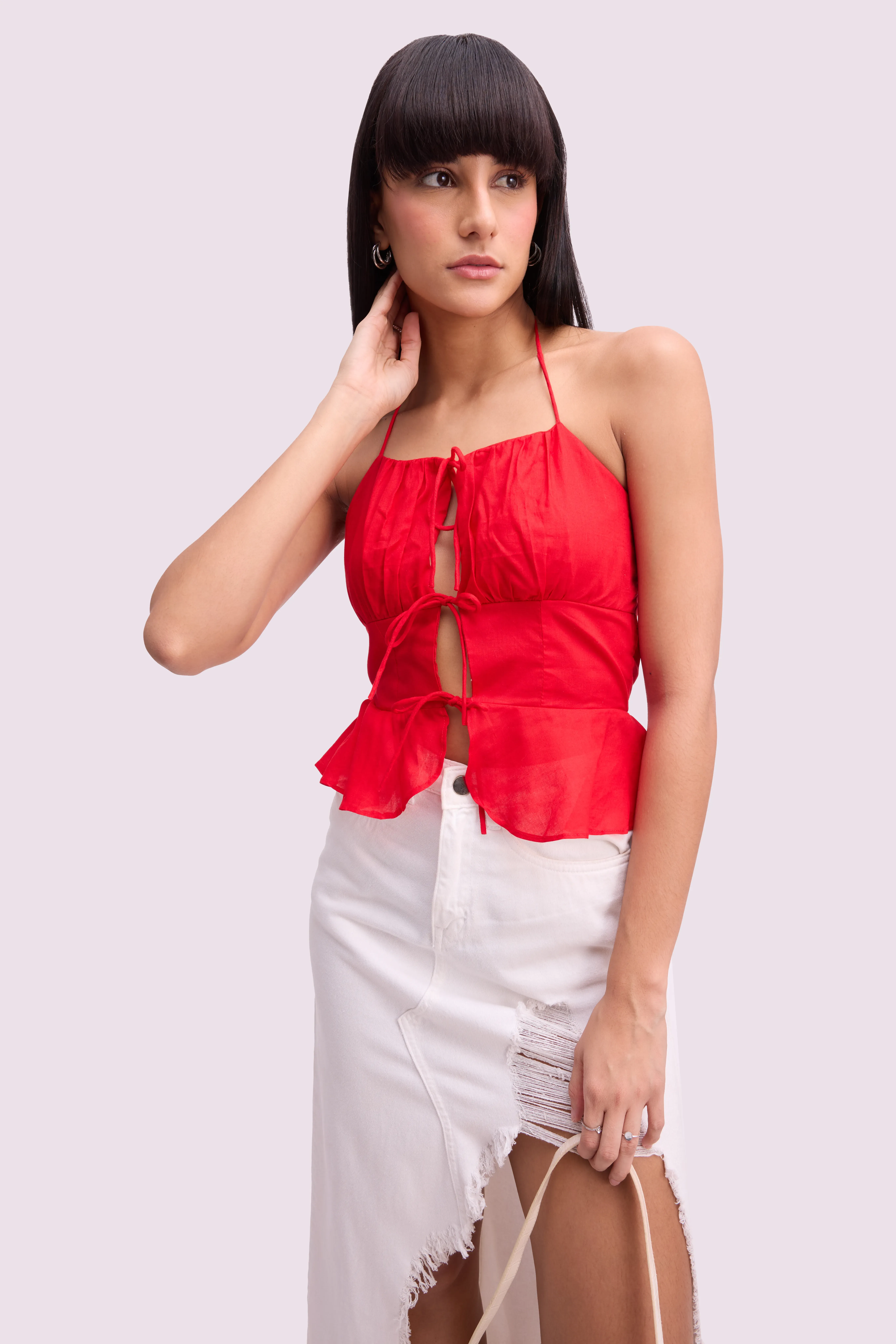 Red Solid Front Knot Top - NEWME