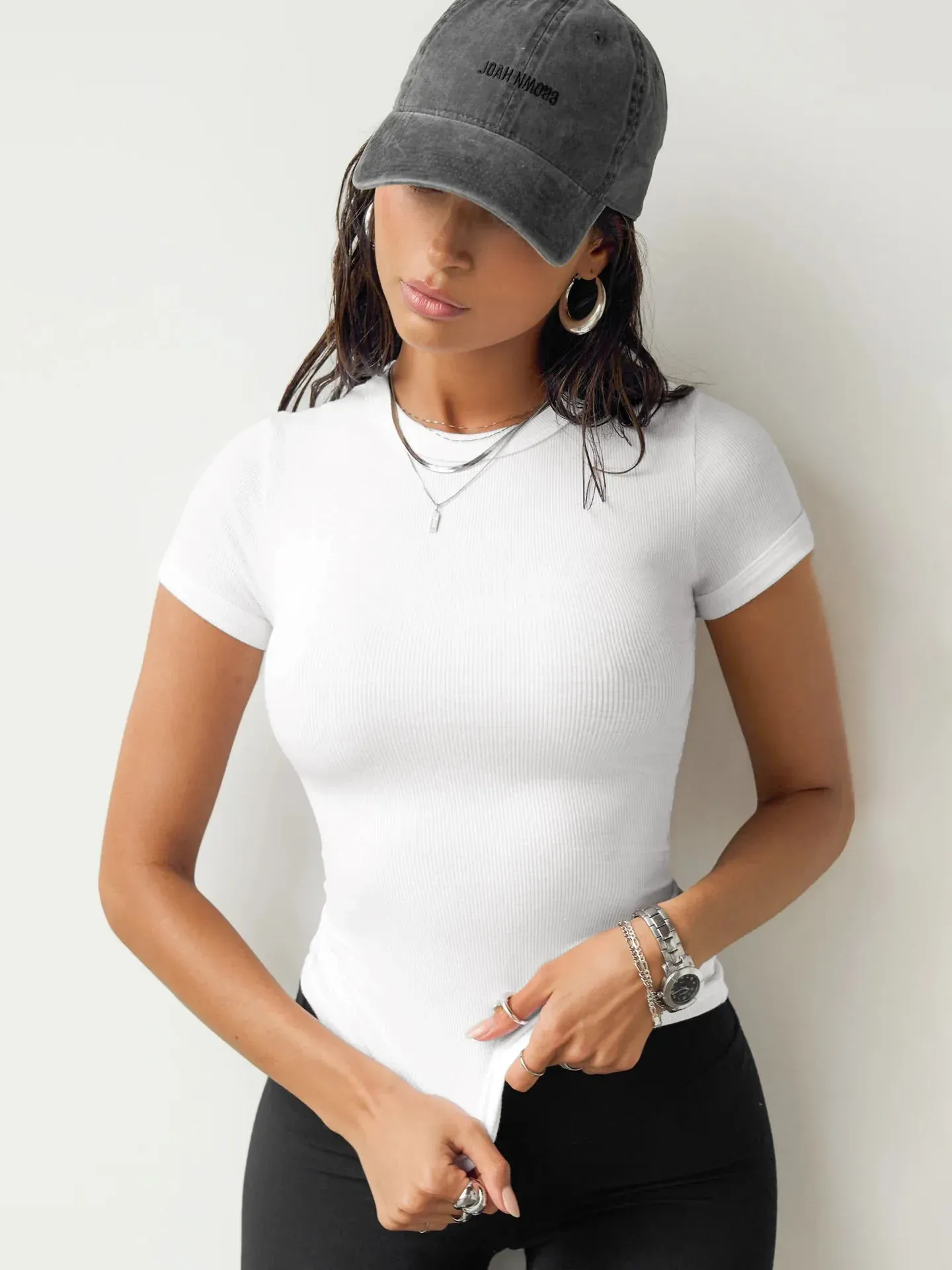 White Solid Ribbed Tshirt - NEWME