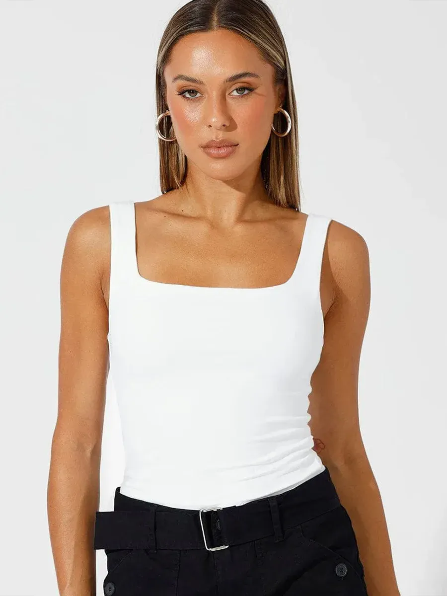 White Square Neck Tank Top - NEWME