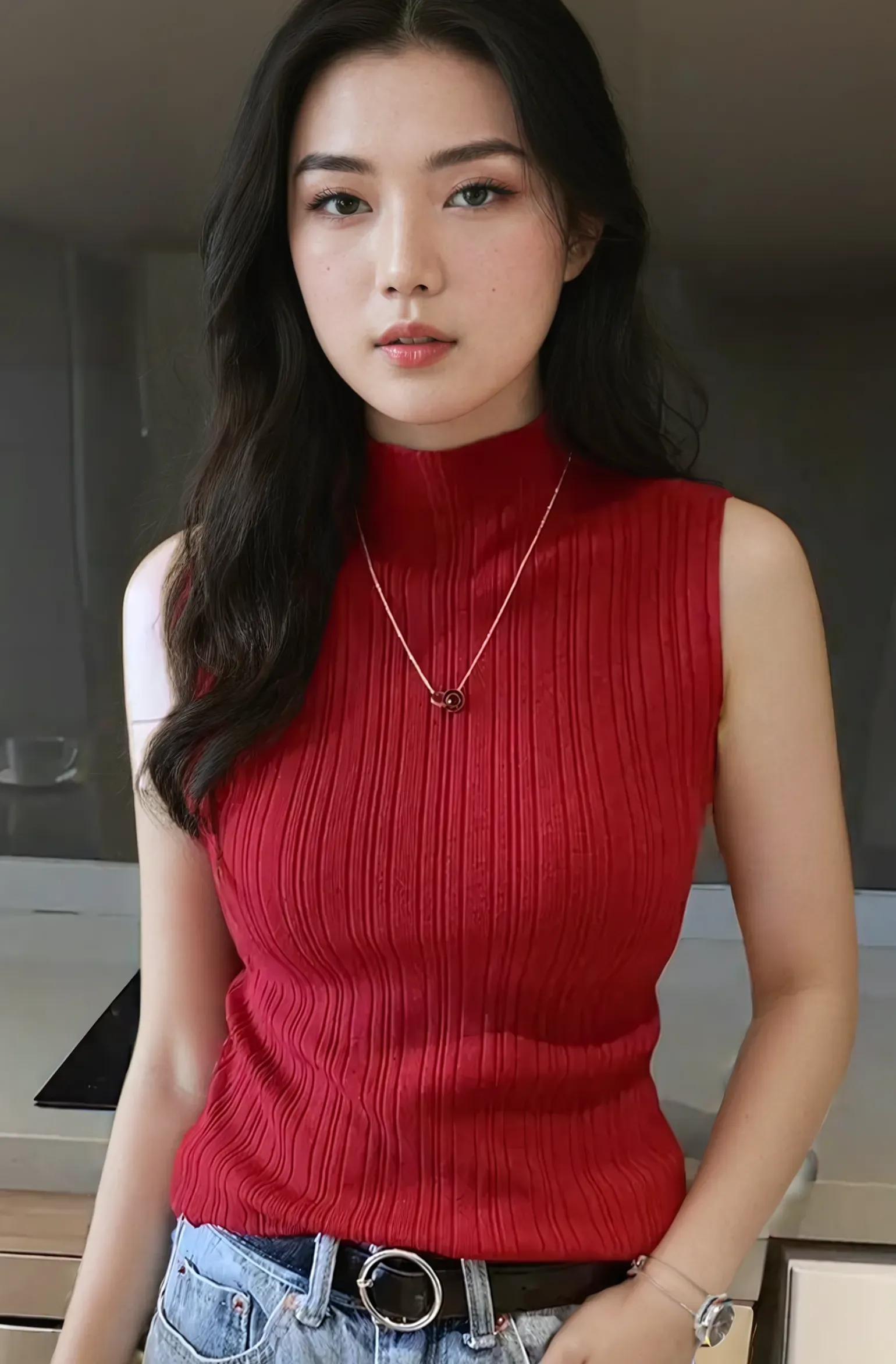 Red Highneck Fitted Top - NEWME