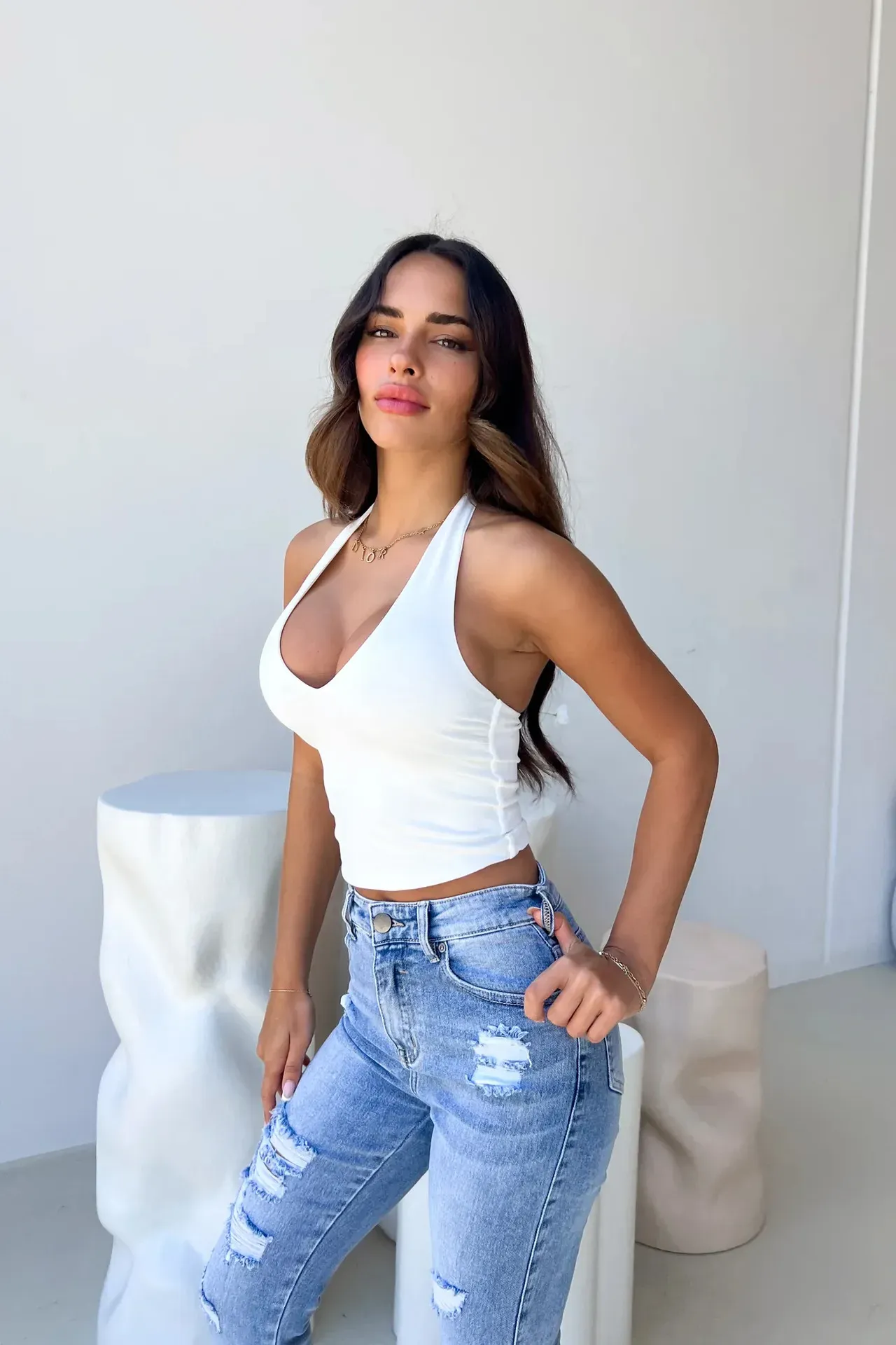 White Solid Halter Neck Crop Top - NEWME