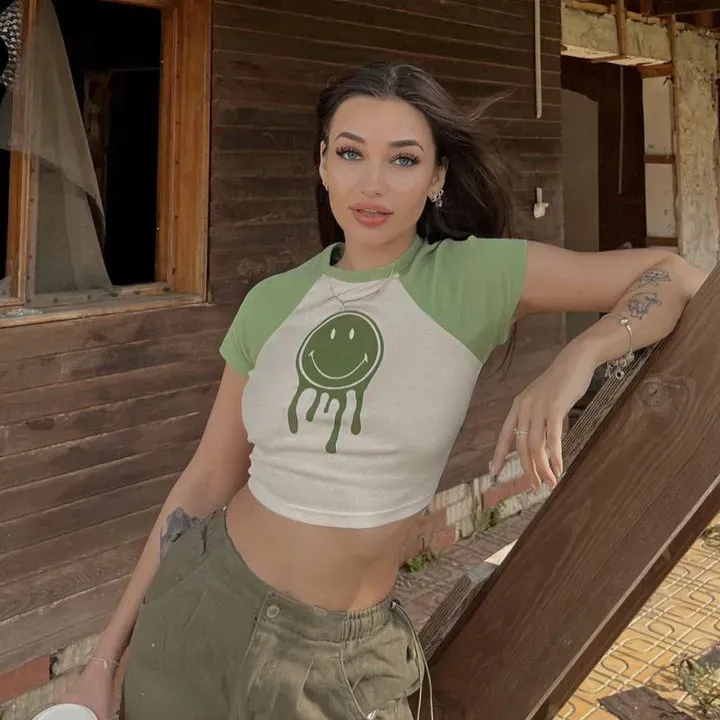 Light Green Color Block Cropped Tshirt - NEWME