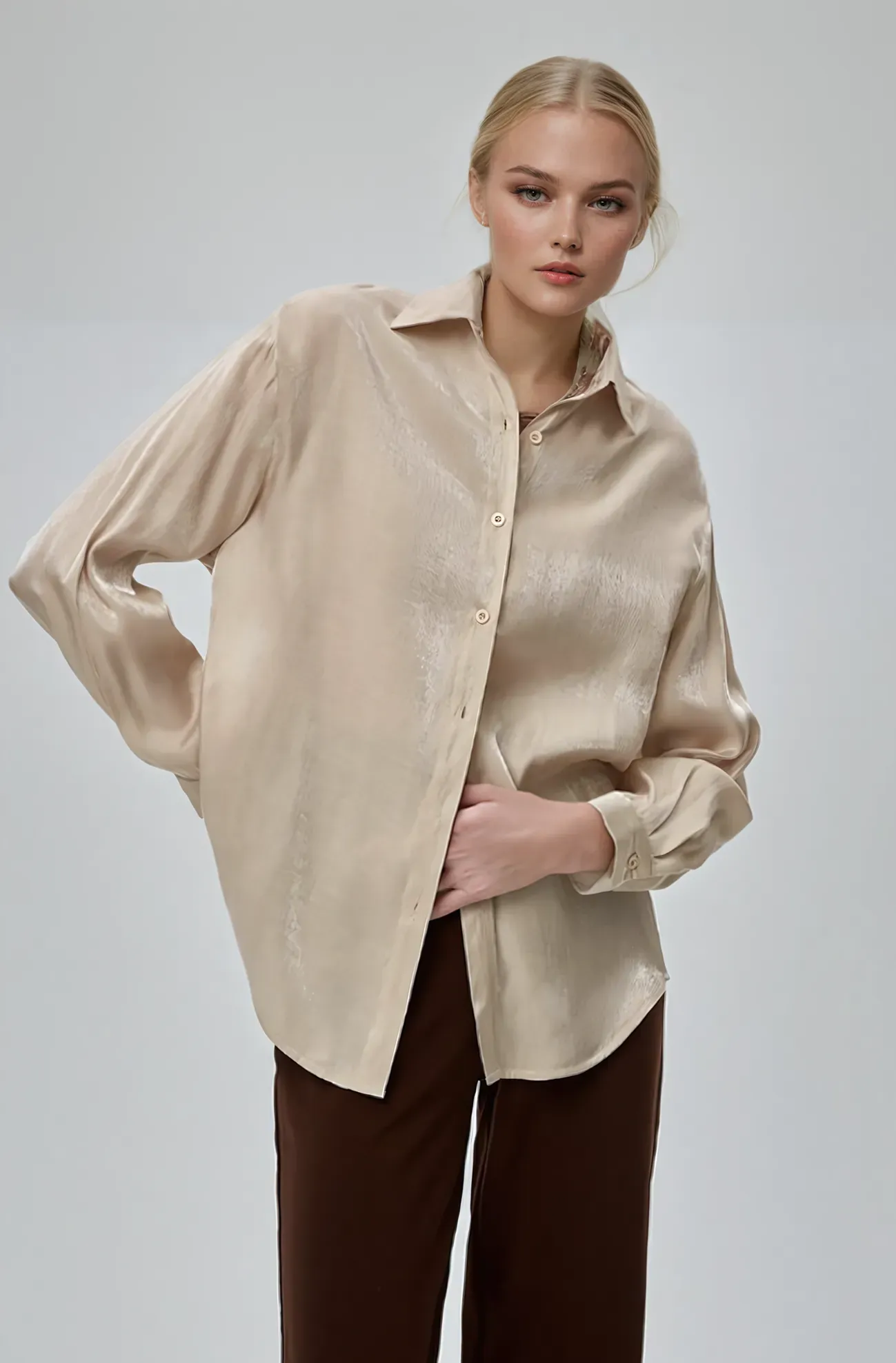 Beige Satin Solid Shirt - NEWME