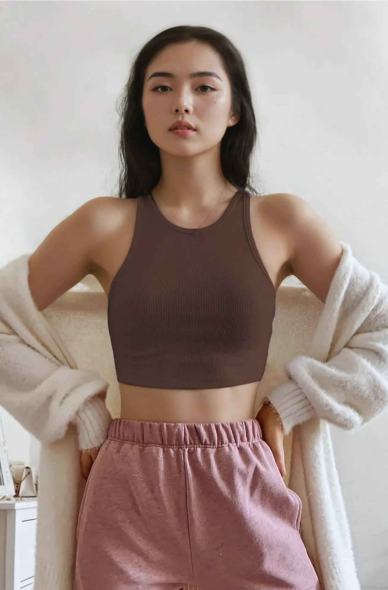 Brown Sleeveless Crop Tank Top - NEWME