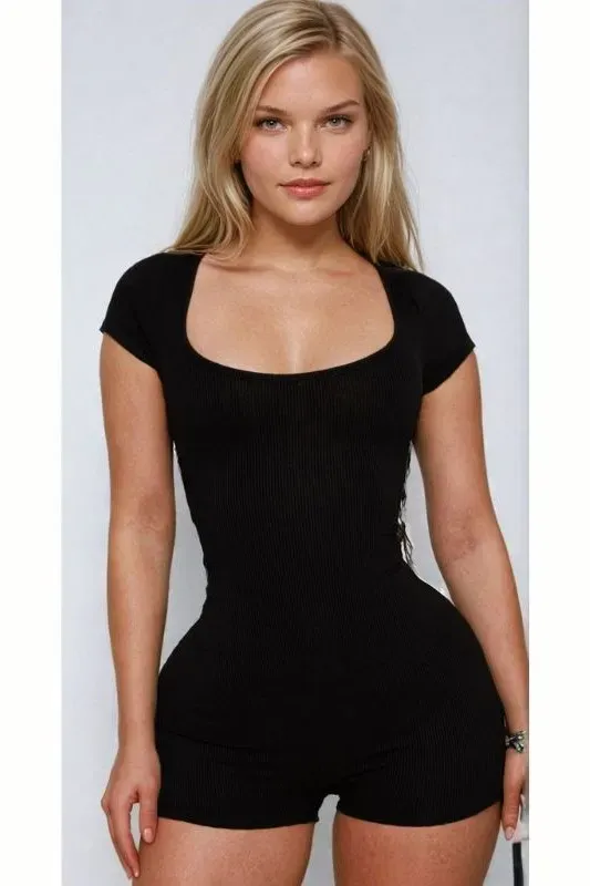 Black Solid Fitted Playsuit - NEWME