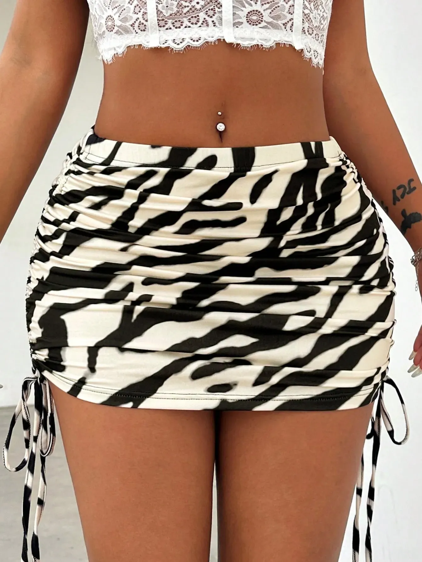 Cream Zebra Print Ruched Skirt - NEWME