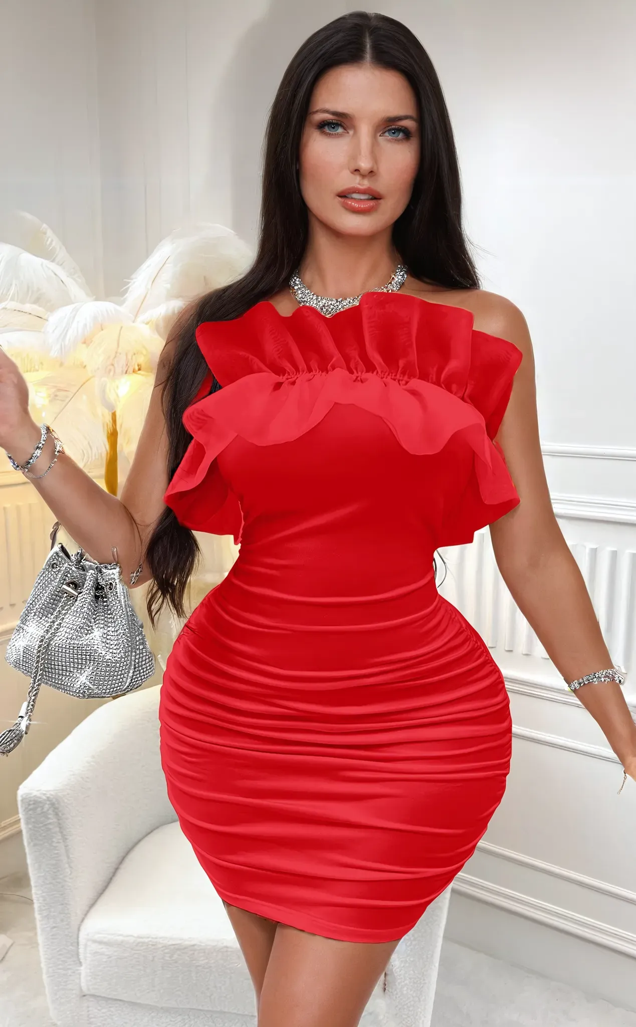 Red Ruffles Detail Bodycon Dress - NEWME