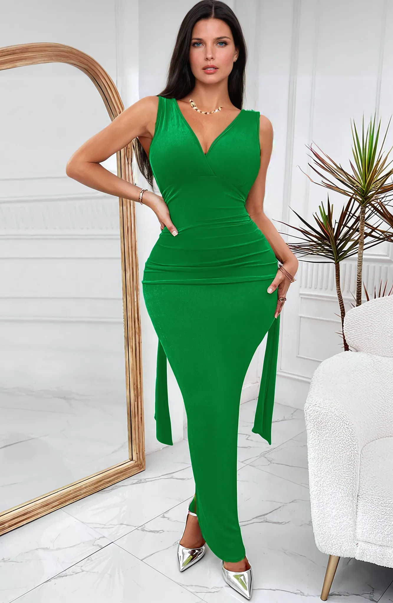Green Solid Ruched Bodycon Dress - NEWME