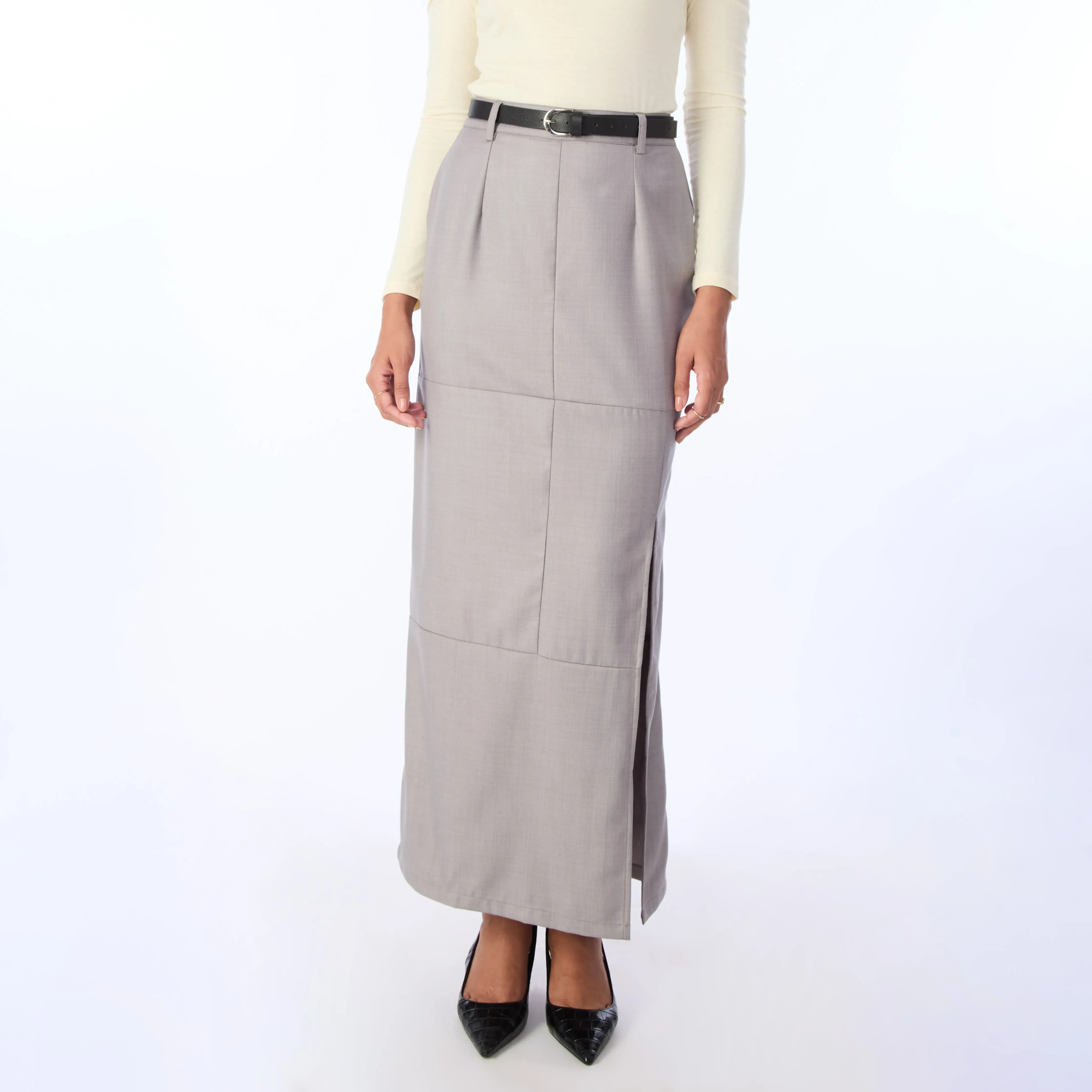 Grey Straight Skirt With Side Slit - NEWME