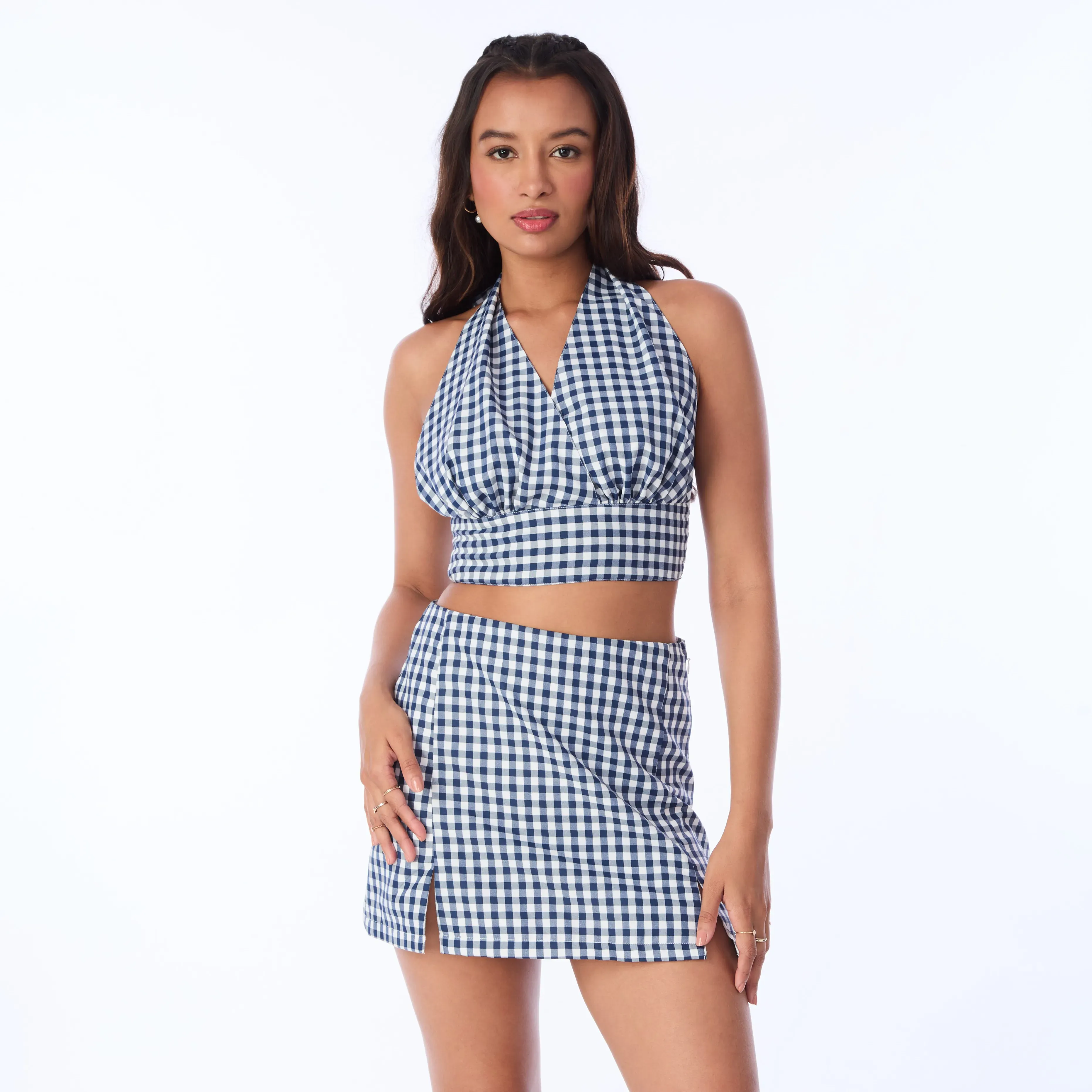 Black Plaid Halter Neck Co Ord Set - NEWME