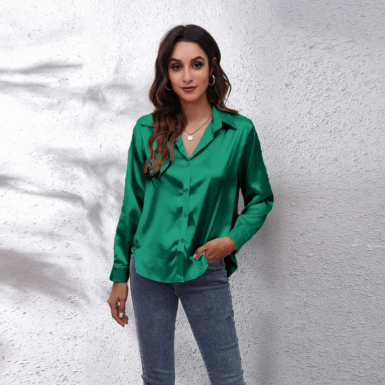 Green Satin Spread Collar Shirt - NEWME