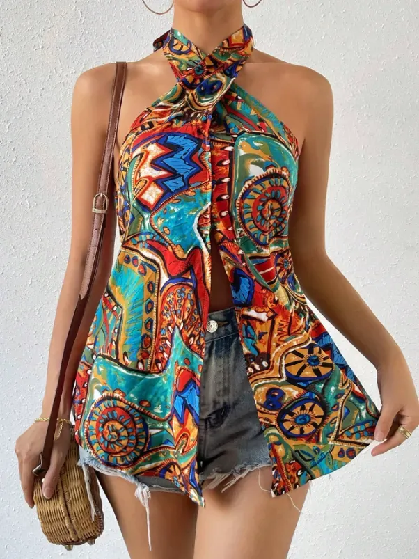 Multi Coloured Printed Halter Neck Top - NEWME