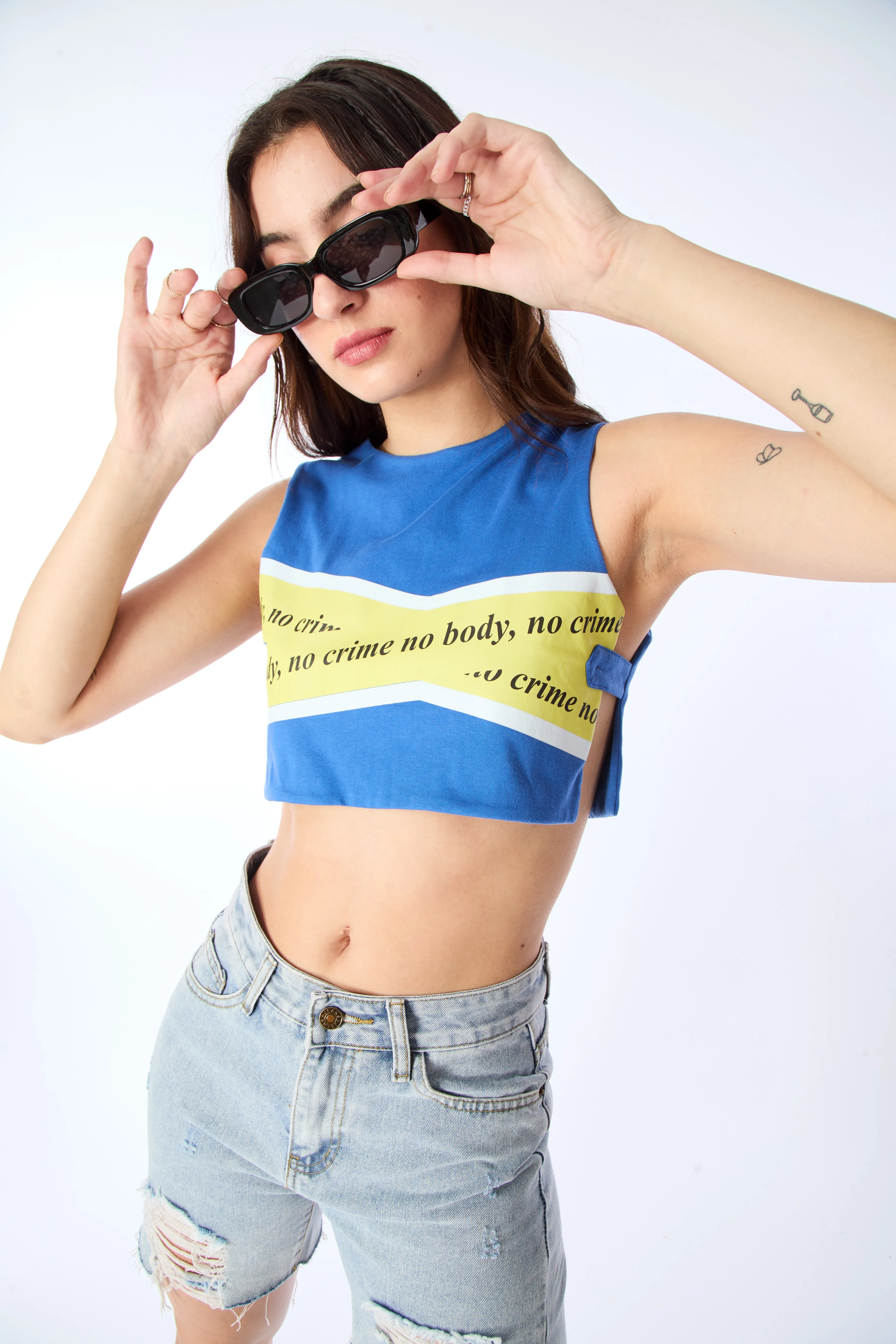 Blue Contrast Printed Sides Split Tank Top - NEWME