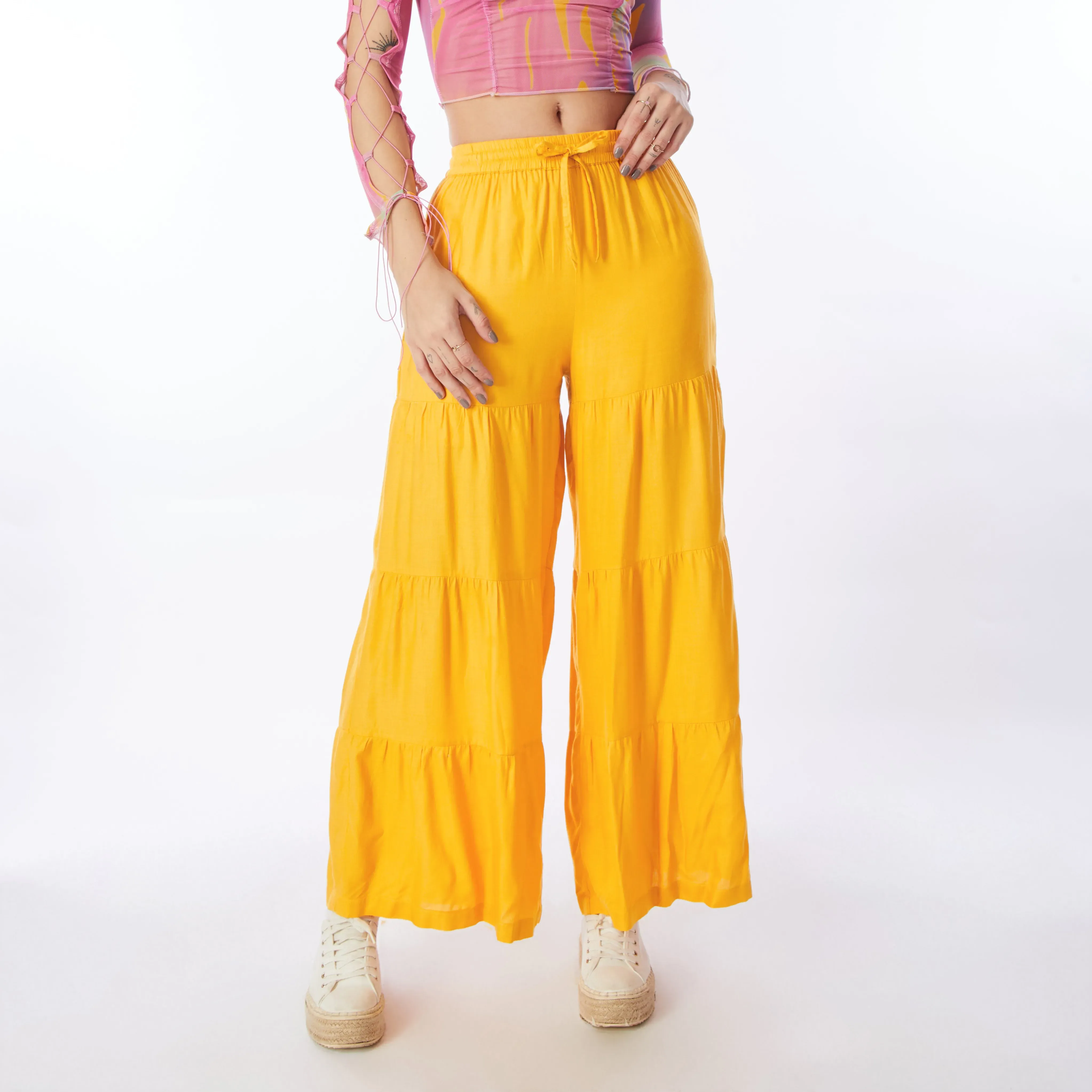 Yellow Tiered Palazzo Trousers - NEWME