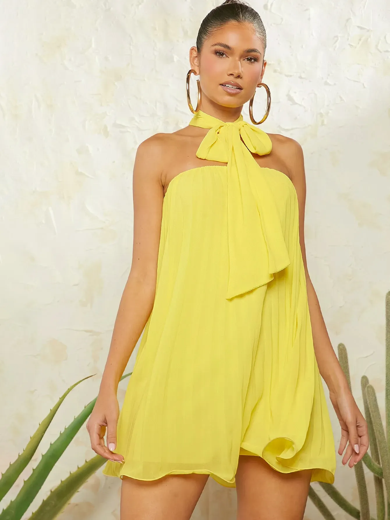 Yellow Pleated Line Mini Dress - NEWME