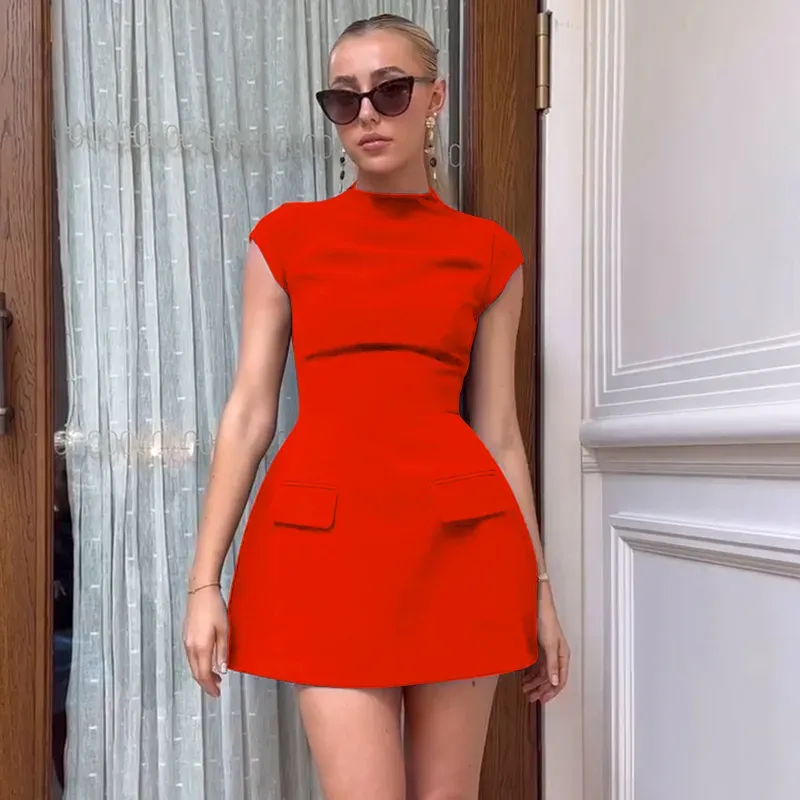 Red High Neck Mini Dress - NEWME