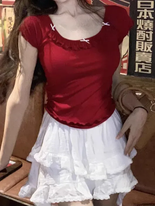 Maroon Solid Ruffle Detail Fitted Top - NEWME