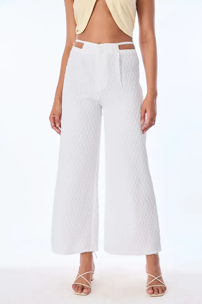 White Textured Wide Leg Trousers - NEWME