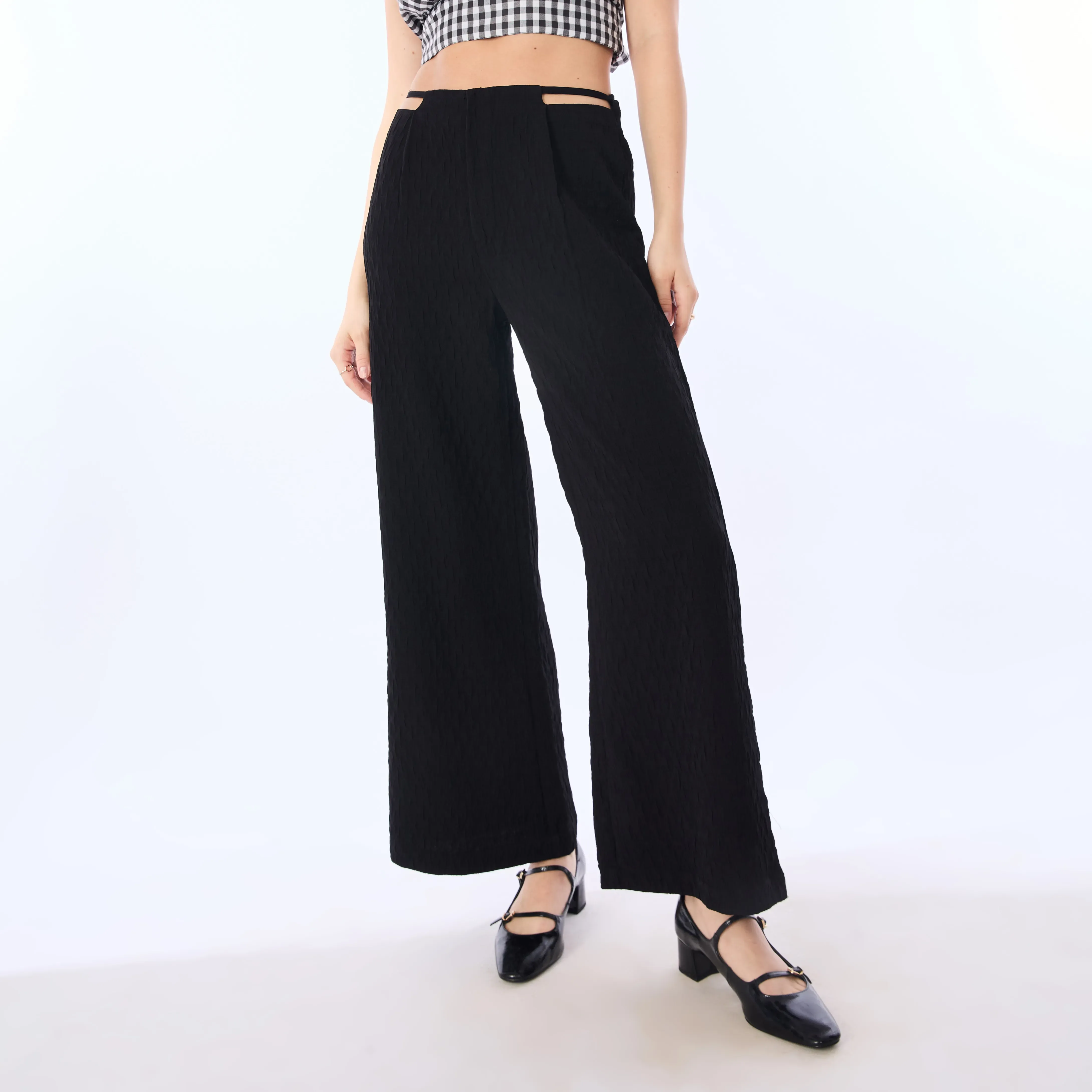 Black Textured Wide Leg Trousers - NEWME