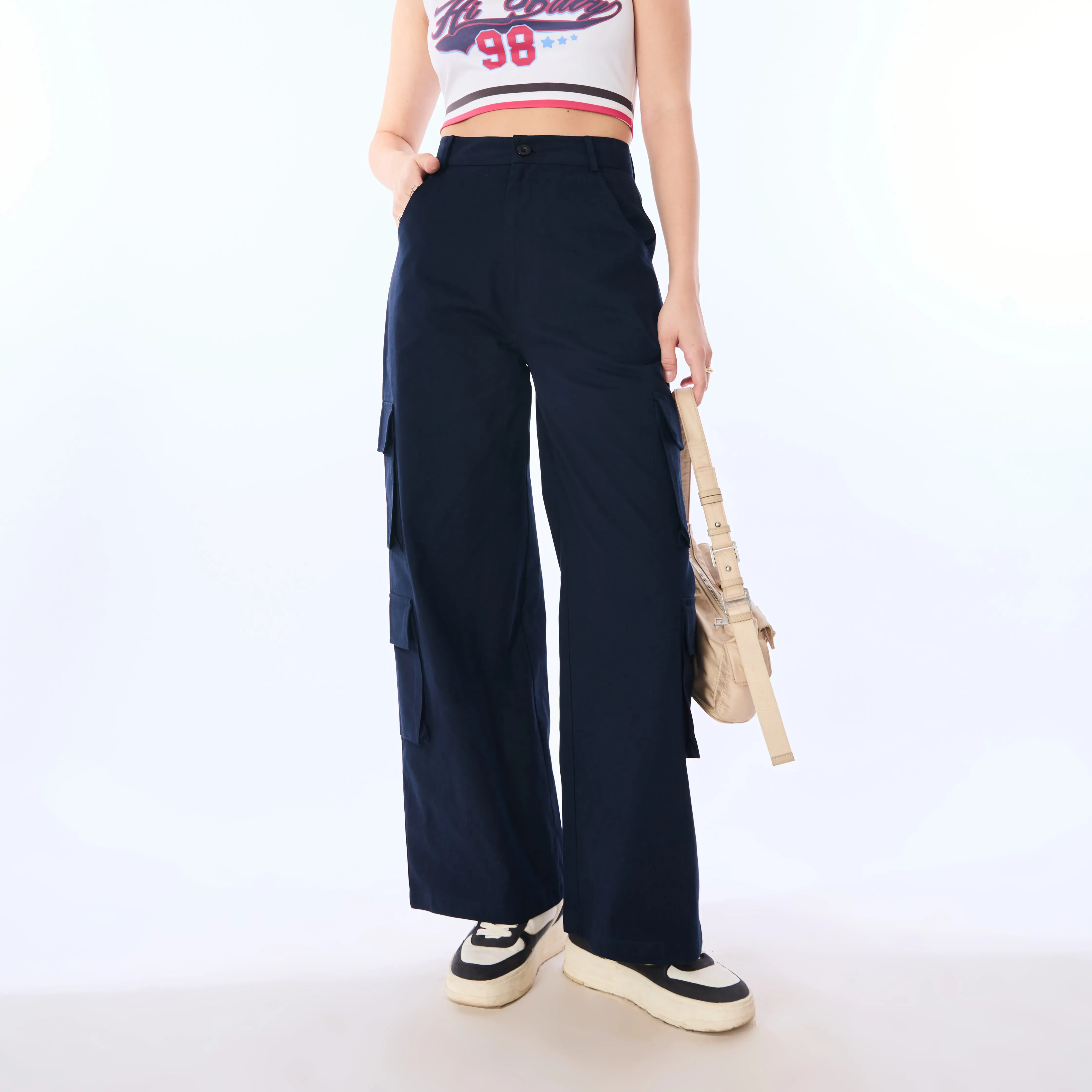 Navy Solid Straight Trousers - NEWME