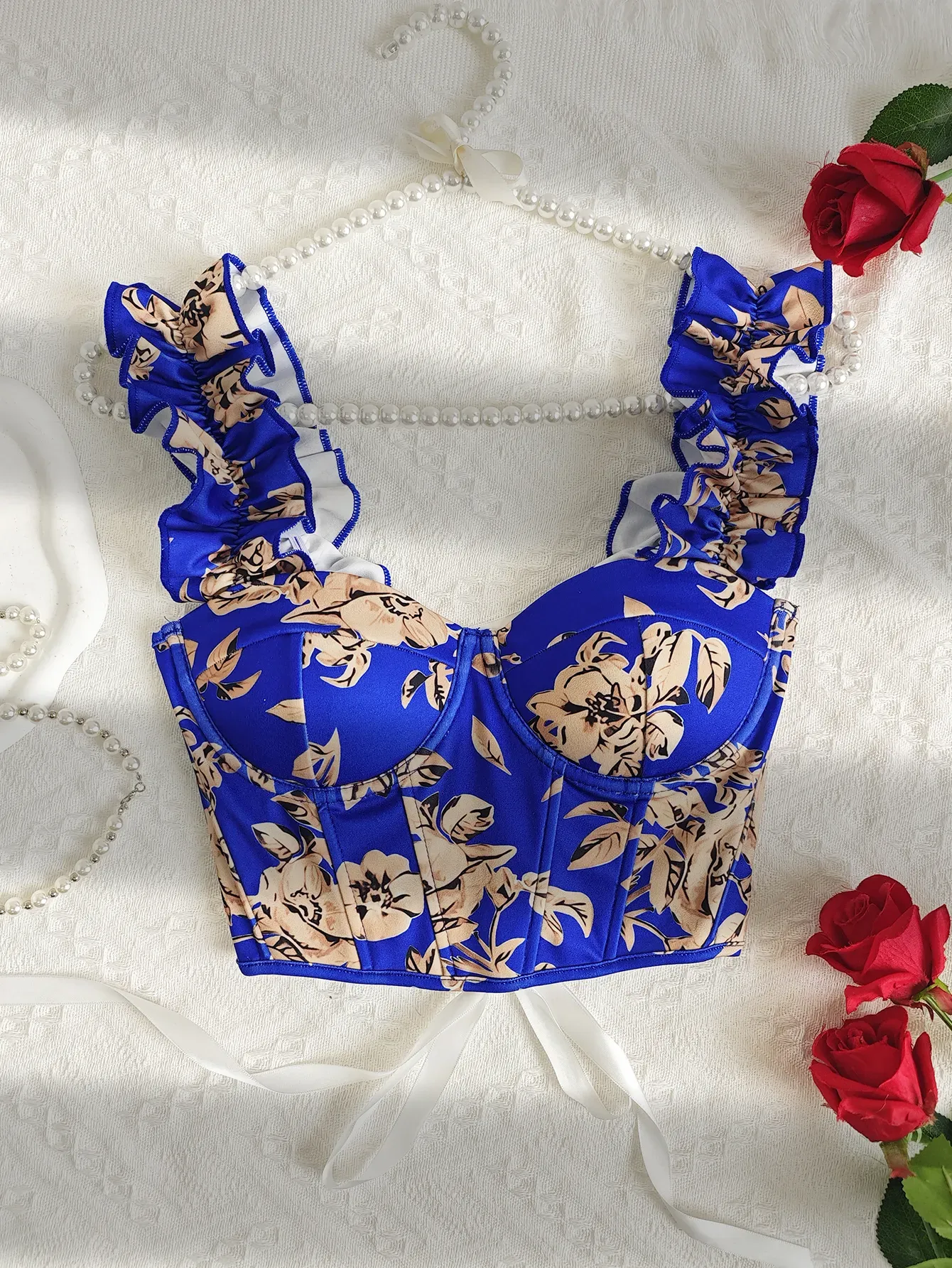 Blue Floral Ruffle Strap Corset - NEWME