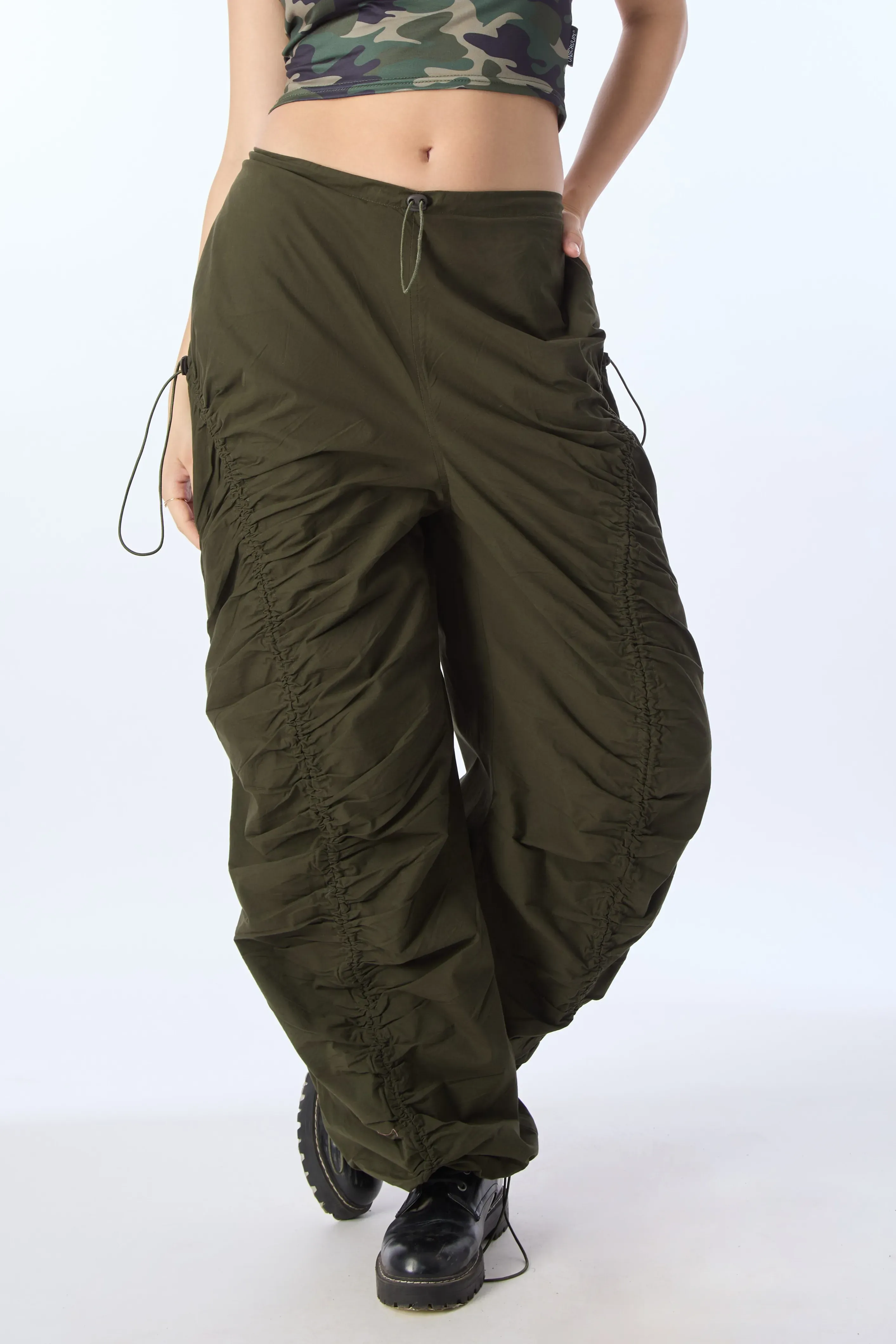 Olive Ruched Parachute Trousers - NEWME