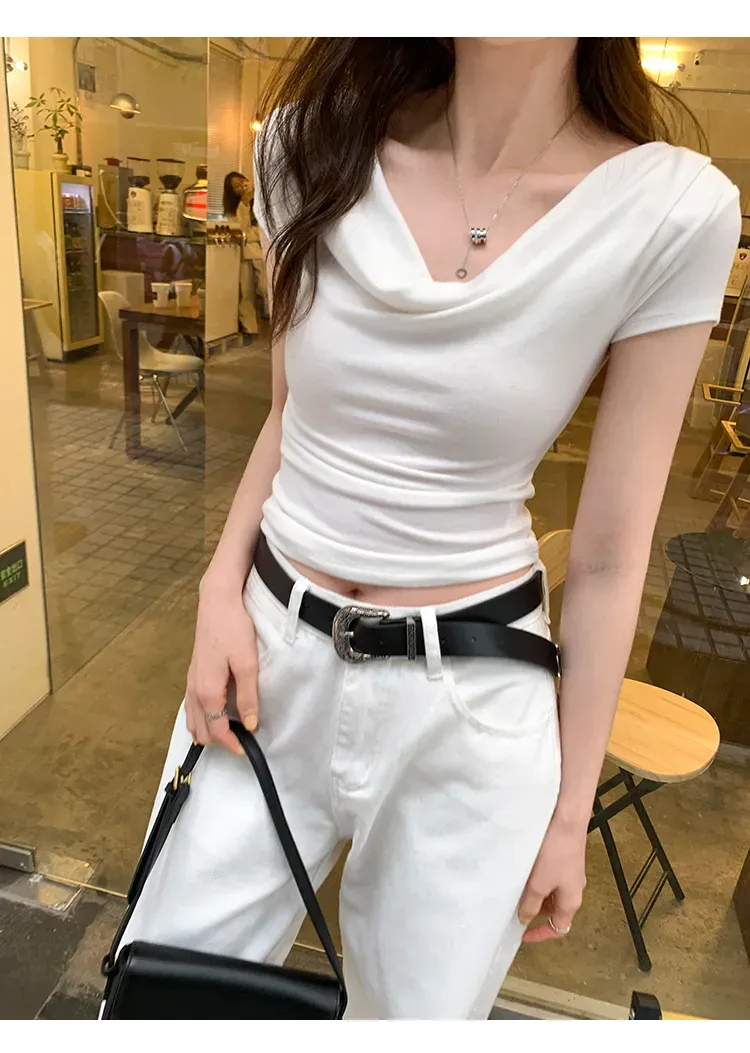 White Cowl Neck Draped Crop Top - NEWME